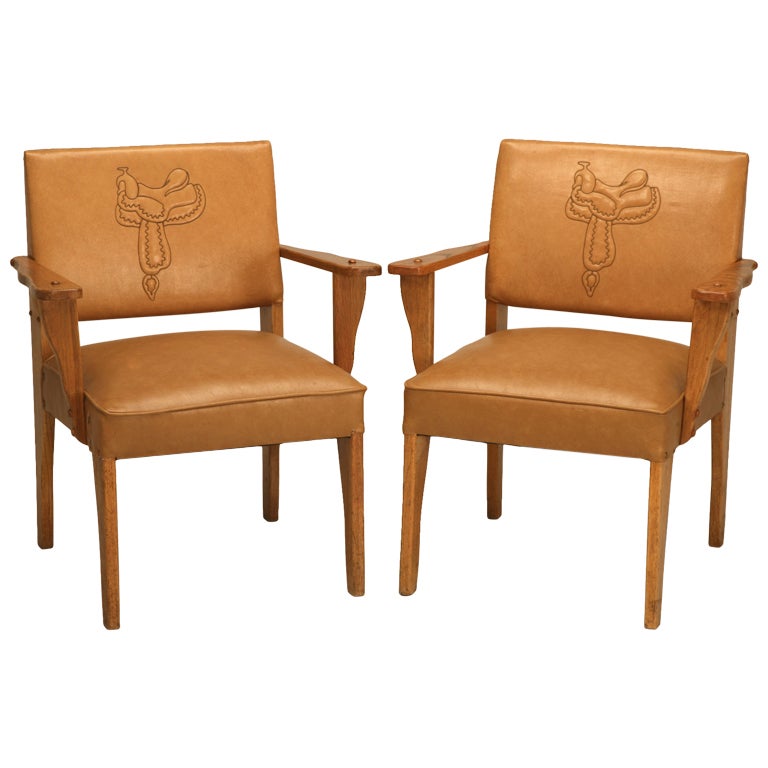 Magnificent Pair of Original "Ranch Oak" Cowboy Arm Chairs w/Saddle ...