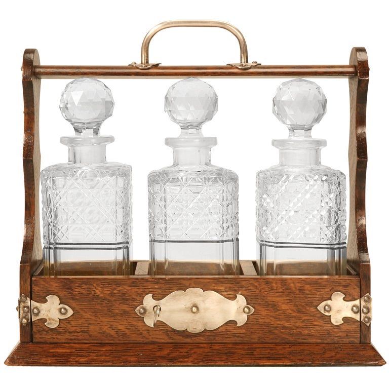 Original Antique English Oak and Hand-Cut Crystal Locking Tantalus w ...