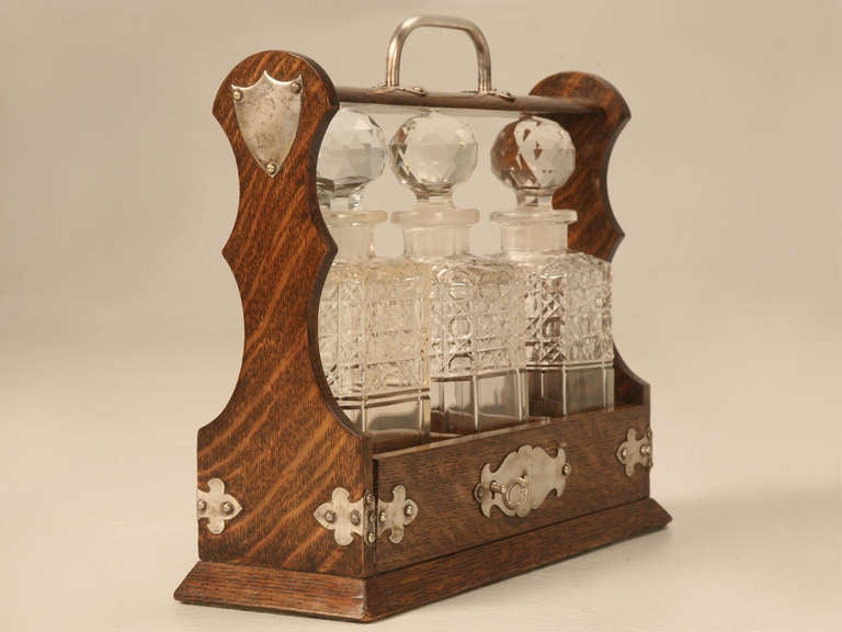 Original Antique English Oak and Hand-Cut Crystal Locking Tantalus w ...