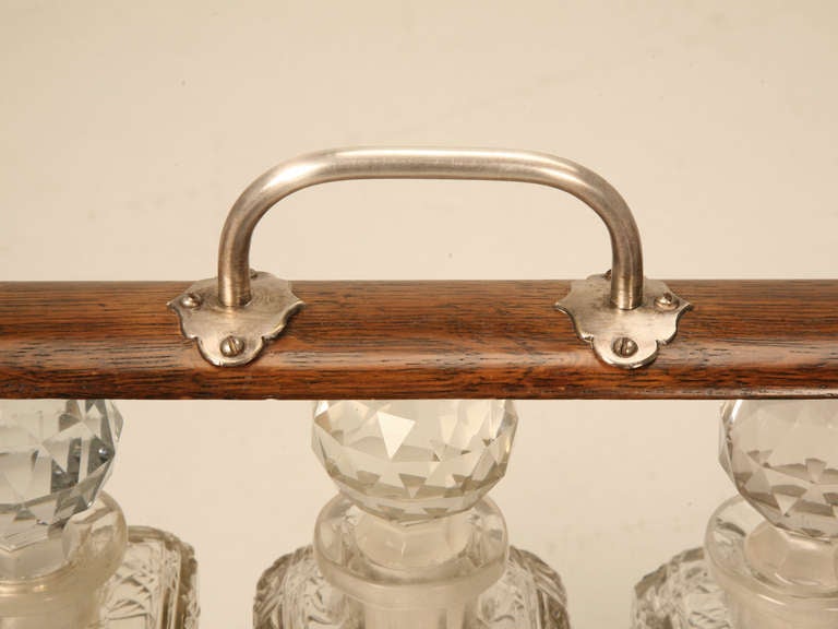 Original Antique English Oak and Hand-Cut Crystal Locking Tantalus w ...