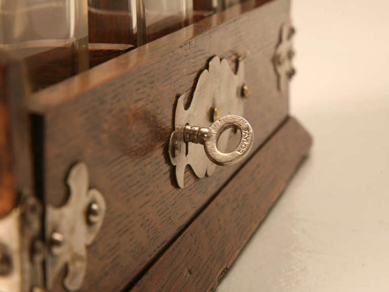 Original Antique English Oak and Hand-Cut Crystal Locking Tantalus w ...