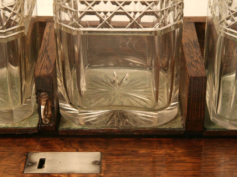 Original Antique English Oak and Hand-Cut Crystal Locking Tantalus w ...