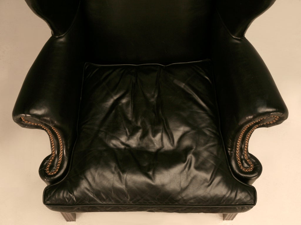 Classic Vintage Chippendale Style Black Leather Wingback Chair at 1stDibs