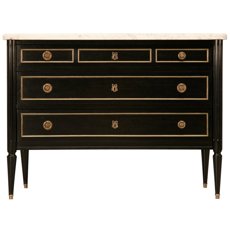 Classy Vintage Ebonized French Louis XVI Commode w/Marble Top at 1stDibs