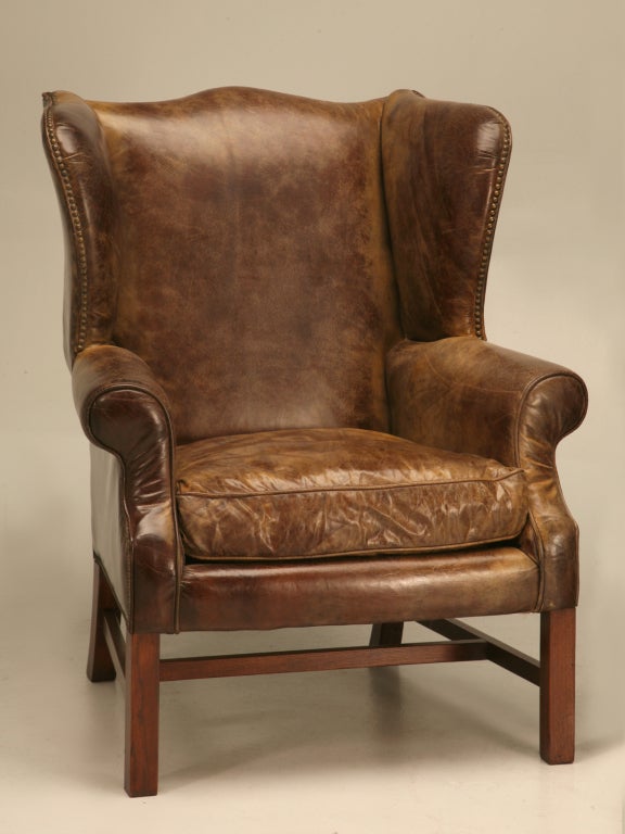 Outstanding Pair of Vintage Distressed Bomber Leather Wing Back Chairs ...