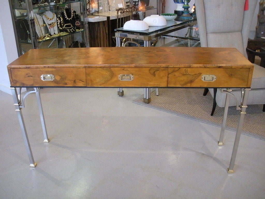 Vintage Burl Steel and Brass Console Table at 1stDibs