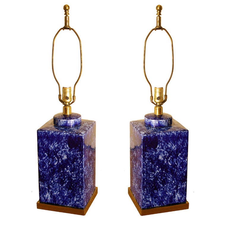 A Pair of American Square Blue Ceramic Table Lamps at 1stDibs