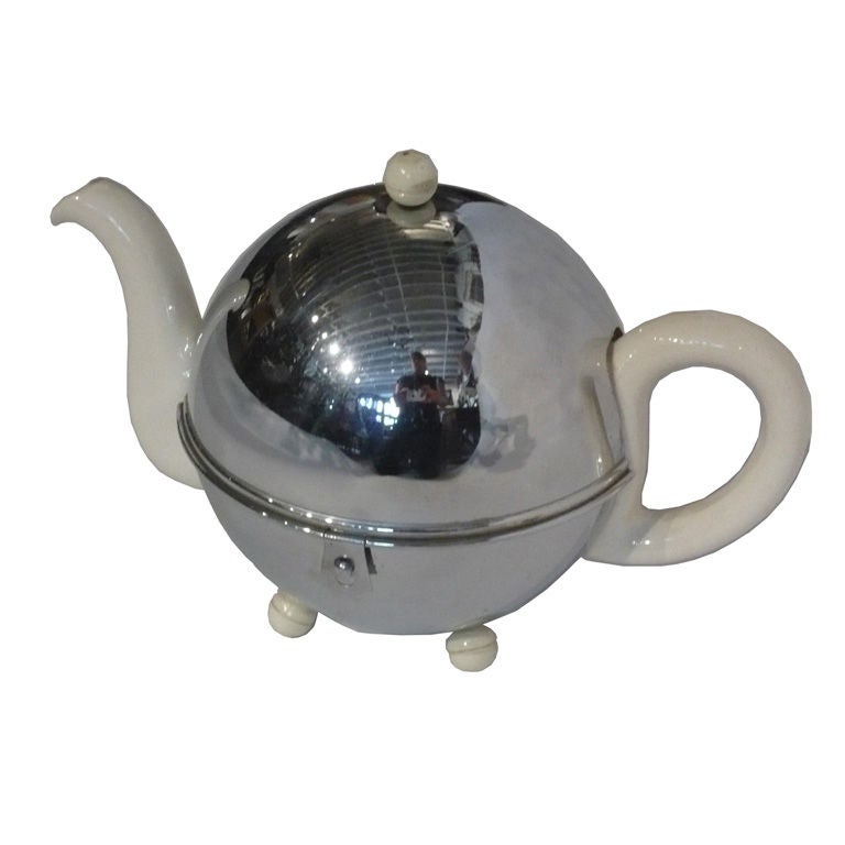 Mid-Century Chrome and Ceramic Tea Pot at 1stDibs