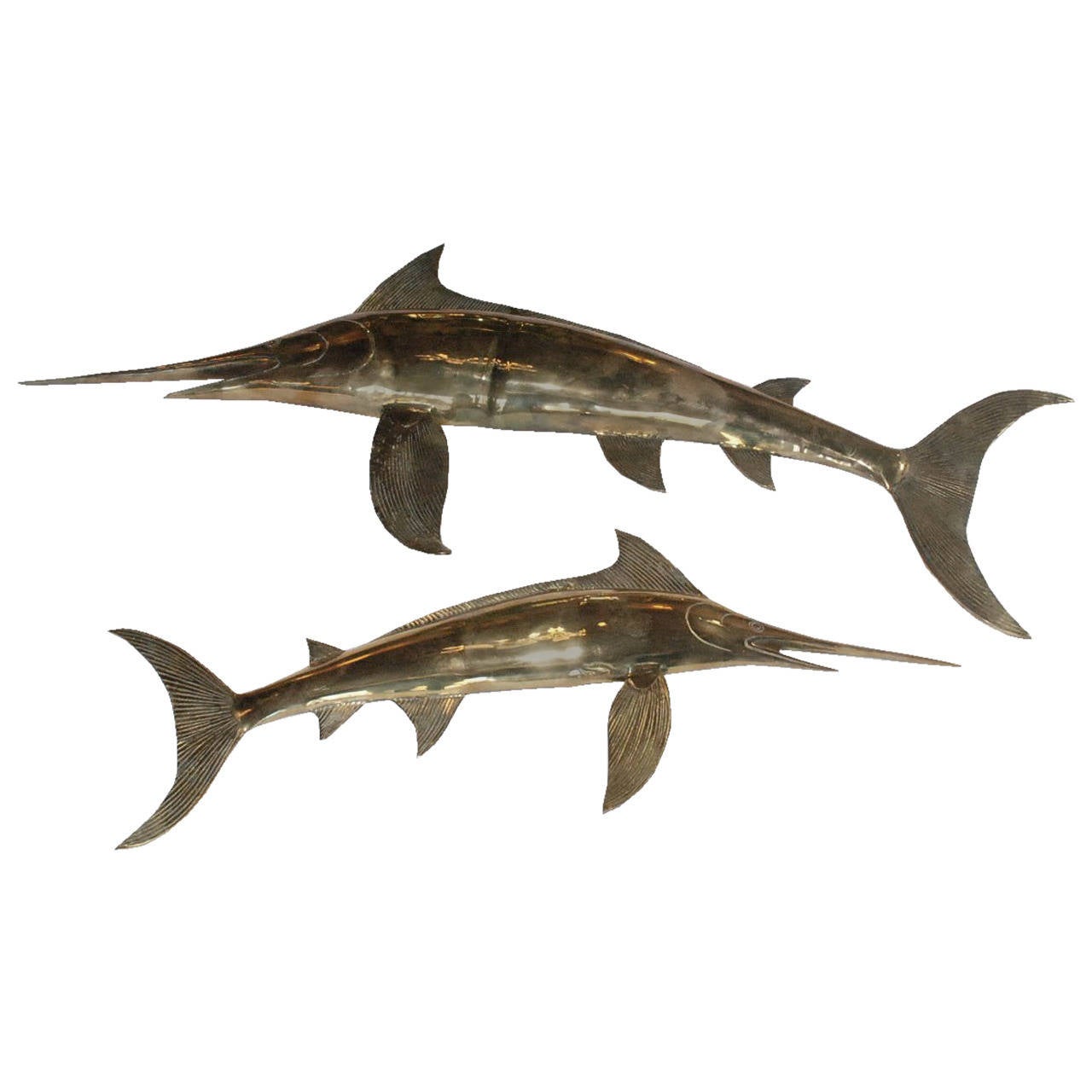 Two Hollywood Regency Brass Swordfish Wall Sculptures For Sale at 1stDibs