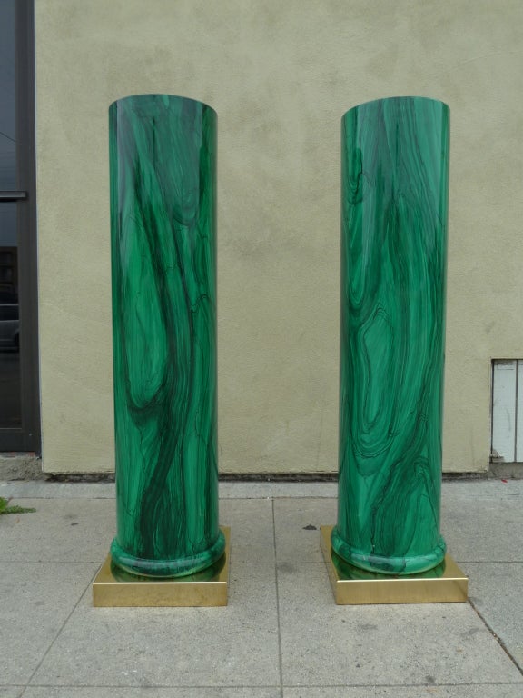 Mid-Century Dramatic Malachite Finish Columns, Pair at 1stDibs