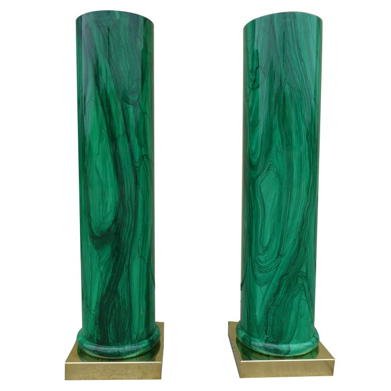 Mid-Century Dramatic Malachite Finish Columns, Pair at 1stDibs