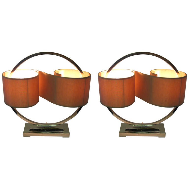 Pair of Circular Chrome Lamp with Custom "S" Shape Shade at 1stDibs