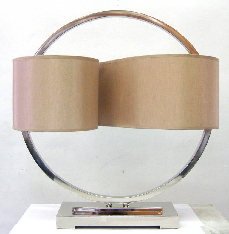 Pair of Circular Chrome Lamp with Custom "S" Shape Shade at 1stDibs