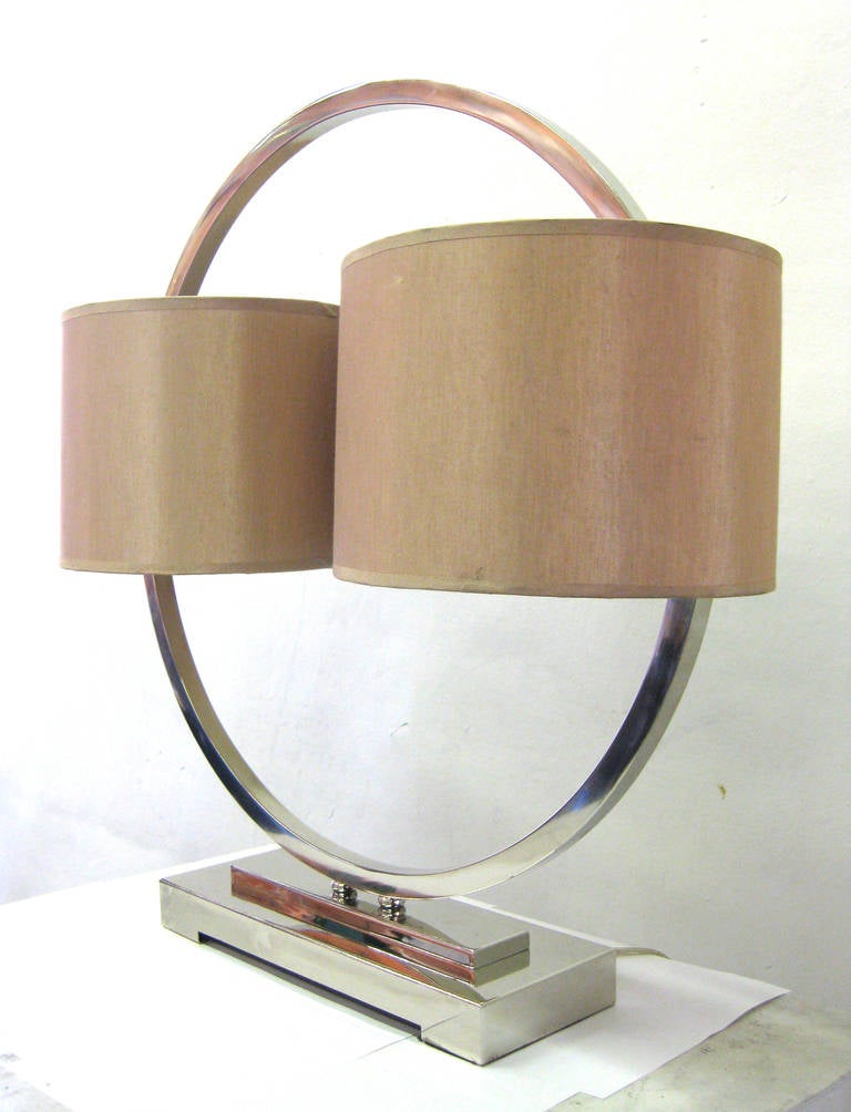 Pair of Circular Chrome Lamp with Custom "S" Shape Shade at 1stDibs