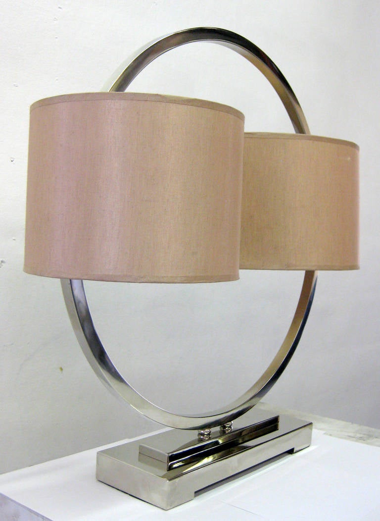 Pair of Circular Chrome Lamp with Custom "S" Shape Shade at 1stDibs