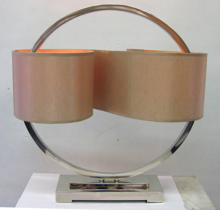 Pair of Circular Chrome Lamp with Custom "S" Shape Shade at 1stDibs