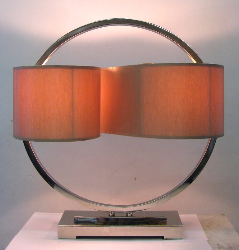 Pair of Circular Chrome Lamp with Custom "S" Shape Shade at 1stDibs