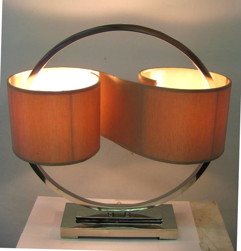 Pair of Circular Chrome Lamp with Custom "S" Shape Shade at 1stDibs
