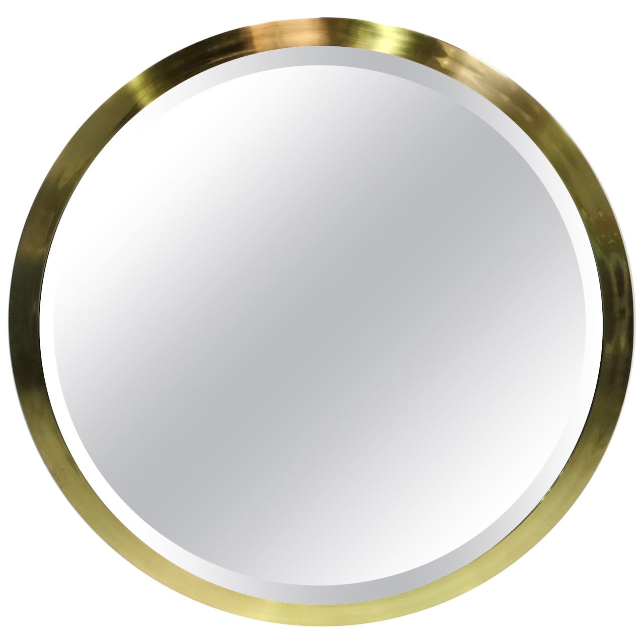 Large-Scale Round Beveled Mirror with Brass Frame at 1stDibs