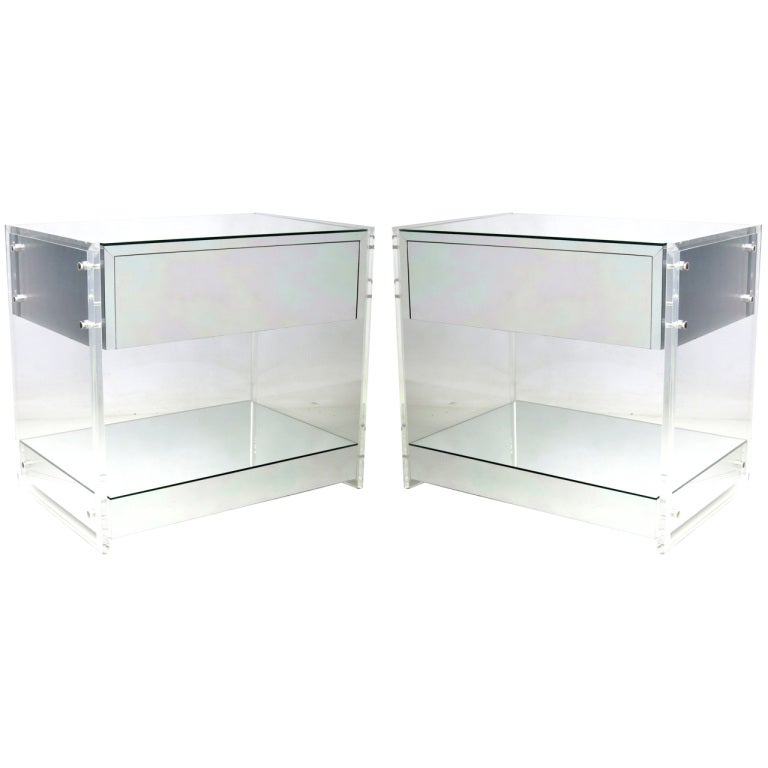 Pair of 70's Lucite, Chrome, and Mirror Nightstands at 1stDibs