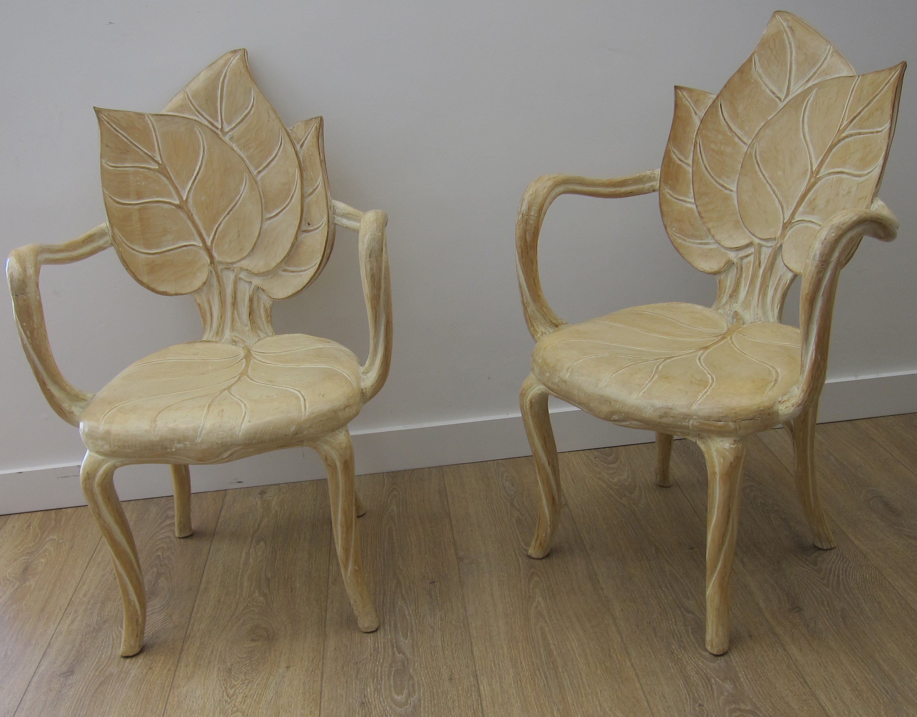 Pair of Leaf Carved Wood Chairs. at 1stDibs