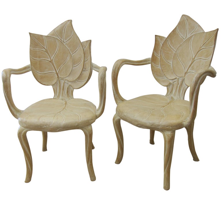 Pair of Leaf Carved Wood Chairs. at 1stDibs