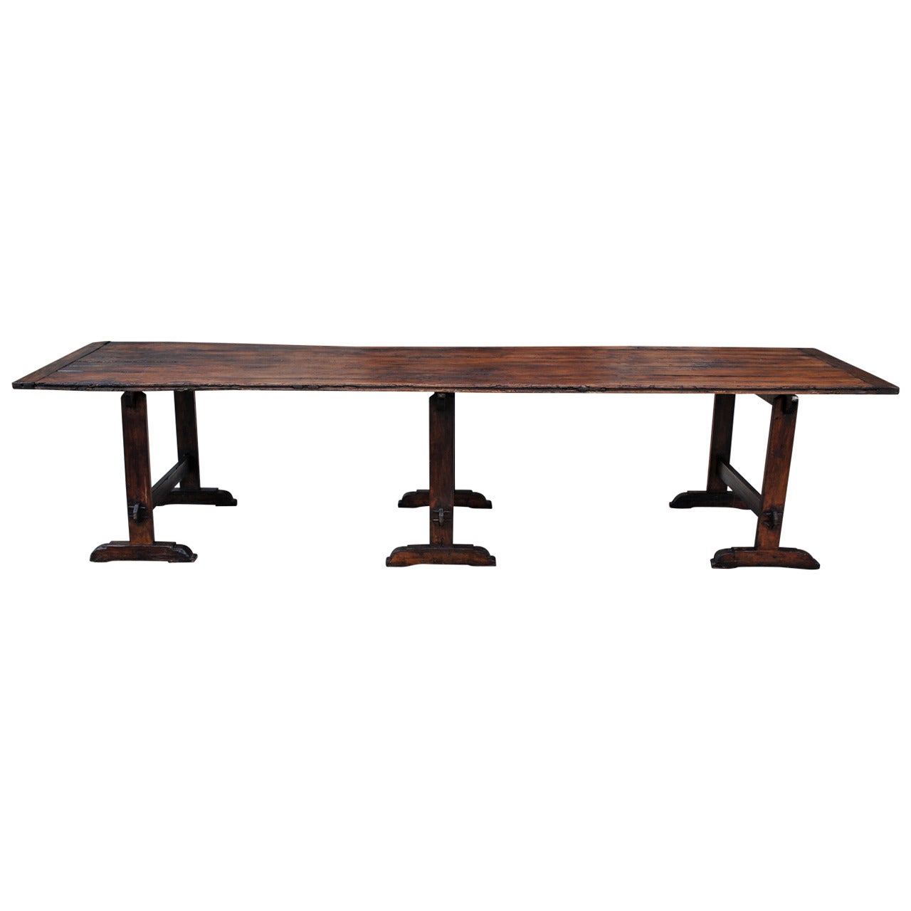 French Stained Pinewood Large Triple Trestle Dining Table at 1stDibs
