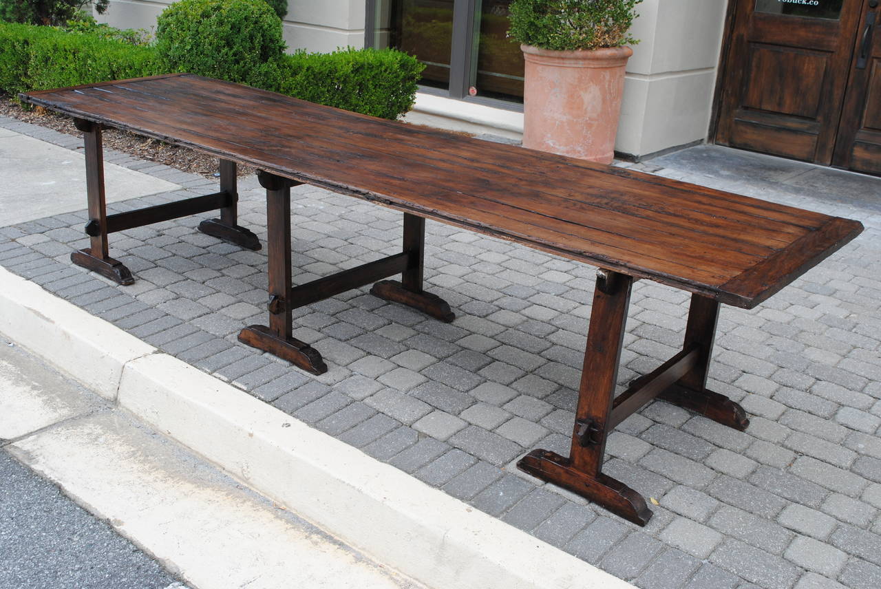 French Stained Pinewood Large Triple Trestle Dining Table at 1stDibs