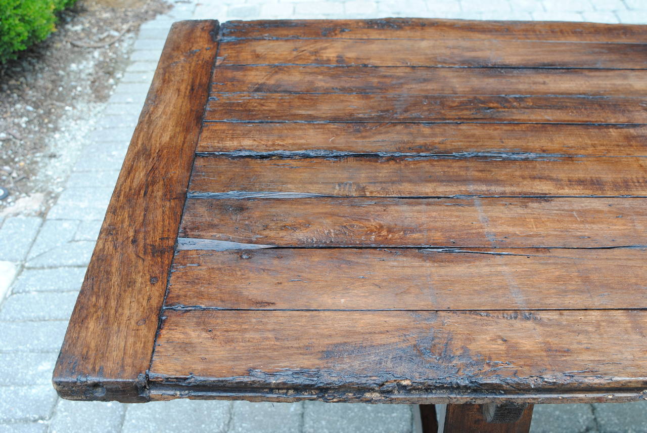 French Stained Pinewood Large Triple Trestle Dining Table at 1stDibs