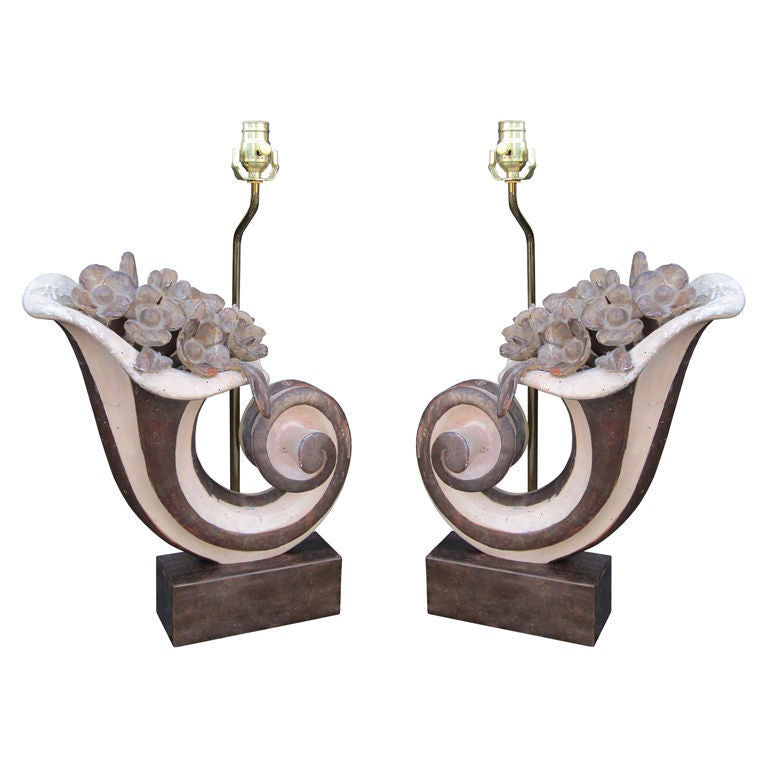 Pair Of Mid C Large Scale Gilt and Wood Painted Cornucopia Lamps at 1stDibs