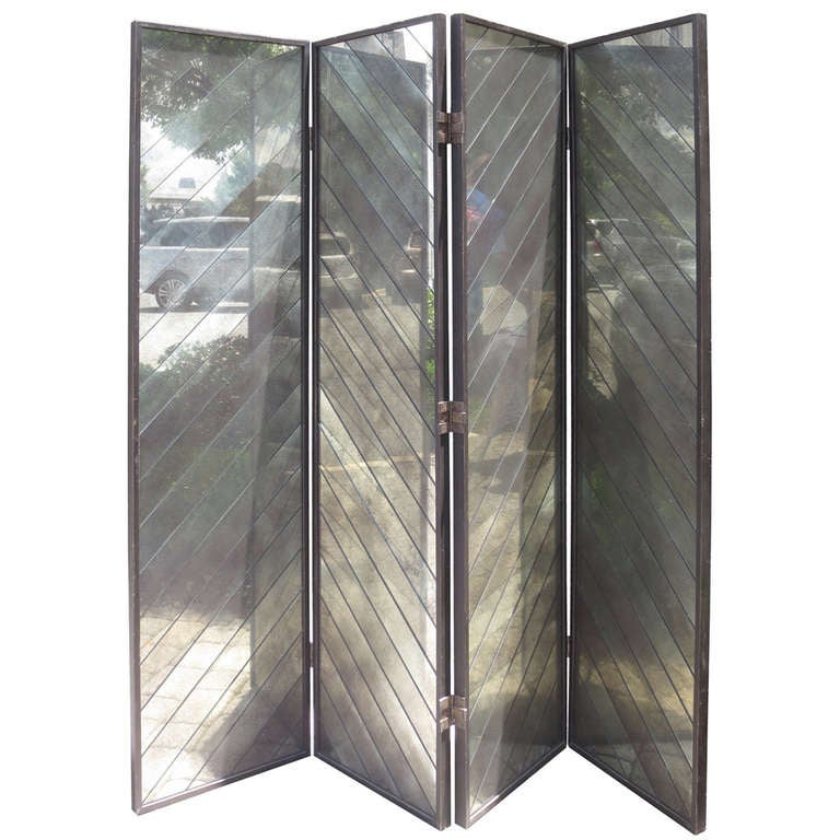 20thc Chevron Patterned Mirrored Screen With Aged Glass at 1stDibs