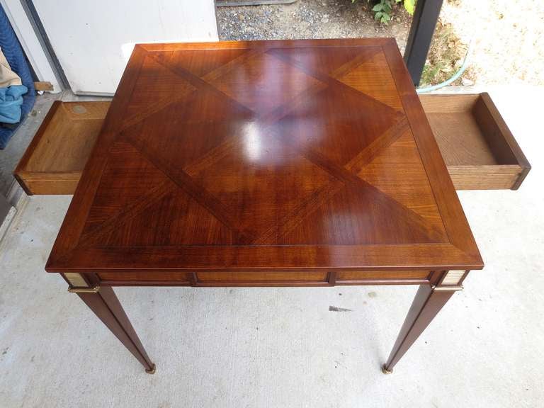 Mid C Parquetry Inlaid Card Table With Two Drawers By Baker at 1stDibs