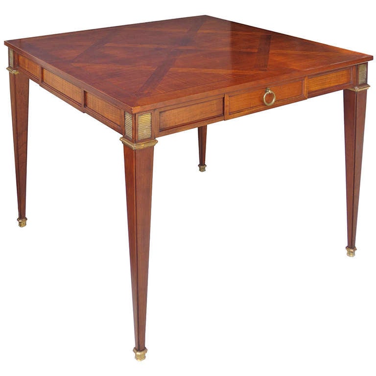 Mid C Parquetry Inlaid Card Table With Two Drawers By Baker at 1stDibs