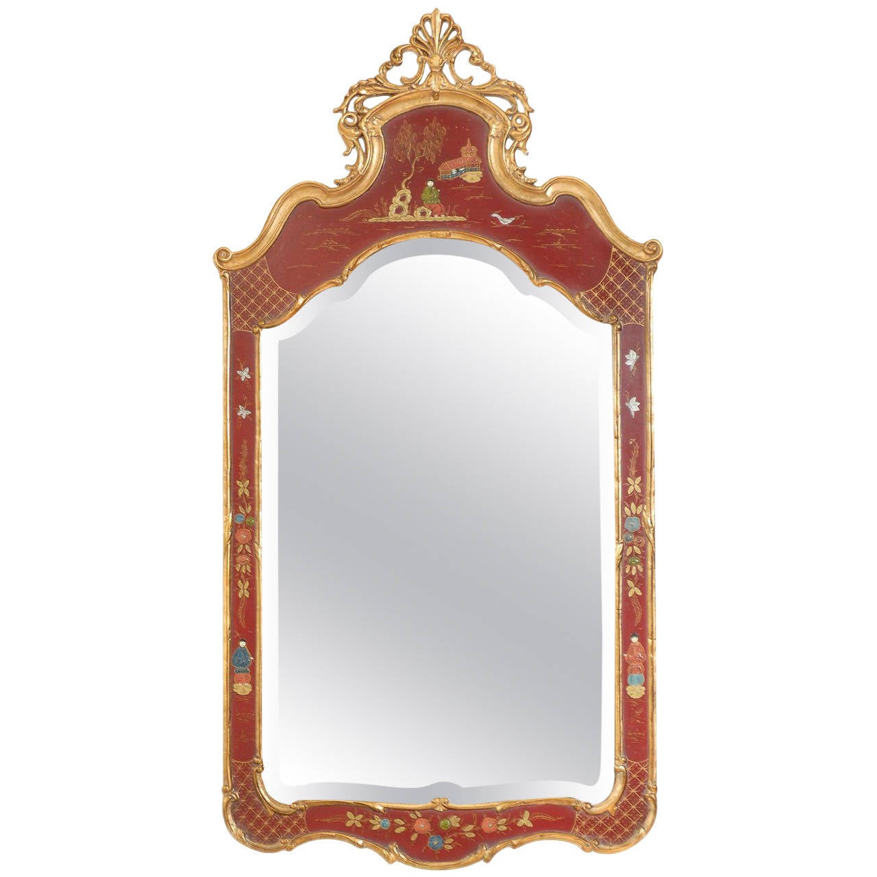 Queen Anne Style Red Chinoiserie Mirror at 1stDibs