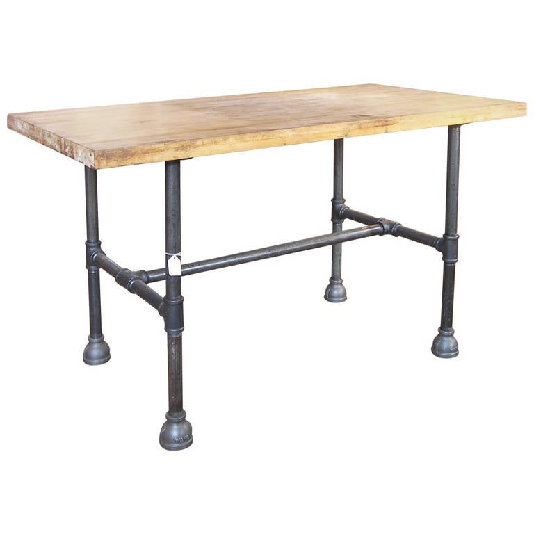 Vintage Industrial Butcher Block Pipe Table at 1stDibs | butcher block ...