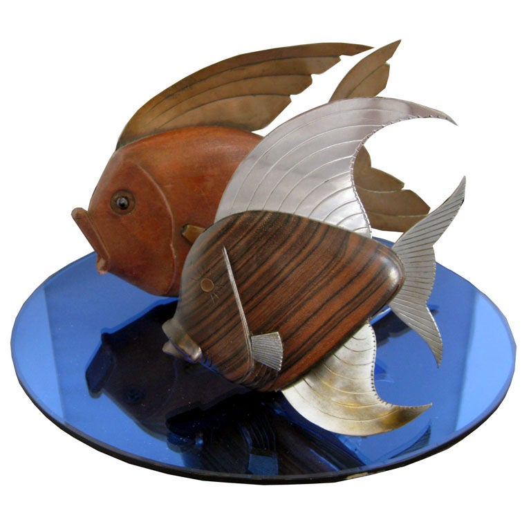 Two American Art Deco Fish on Cobalt Mirror Pond at 1stDibs