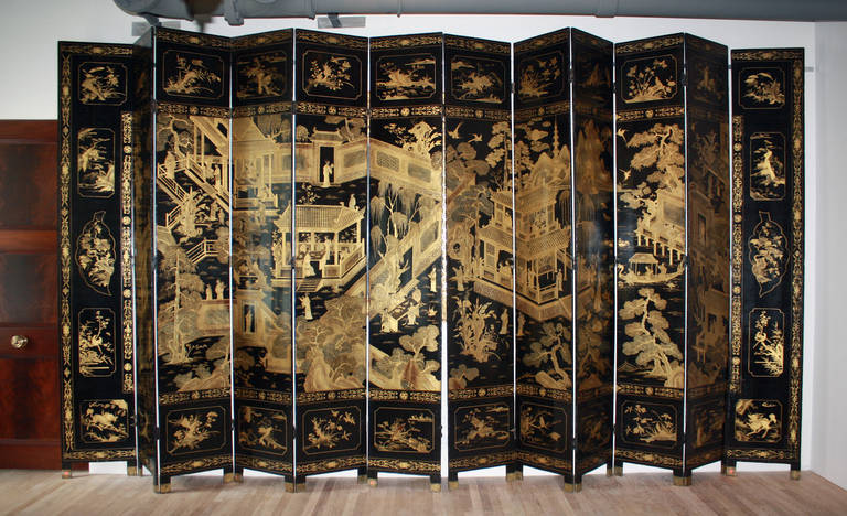 Gilt Decorated Black Lacquer Twelve Panel Screen at 1stDibs