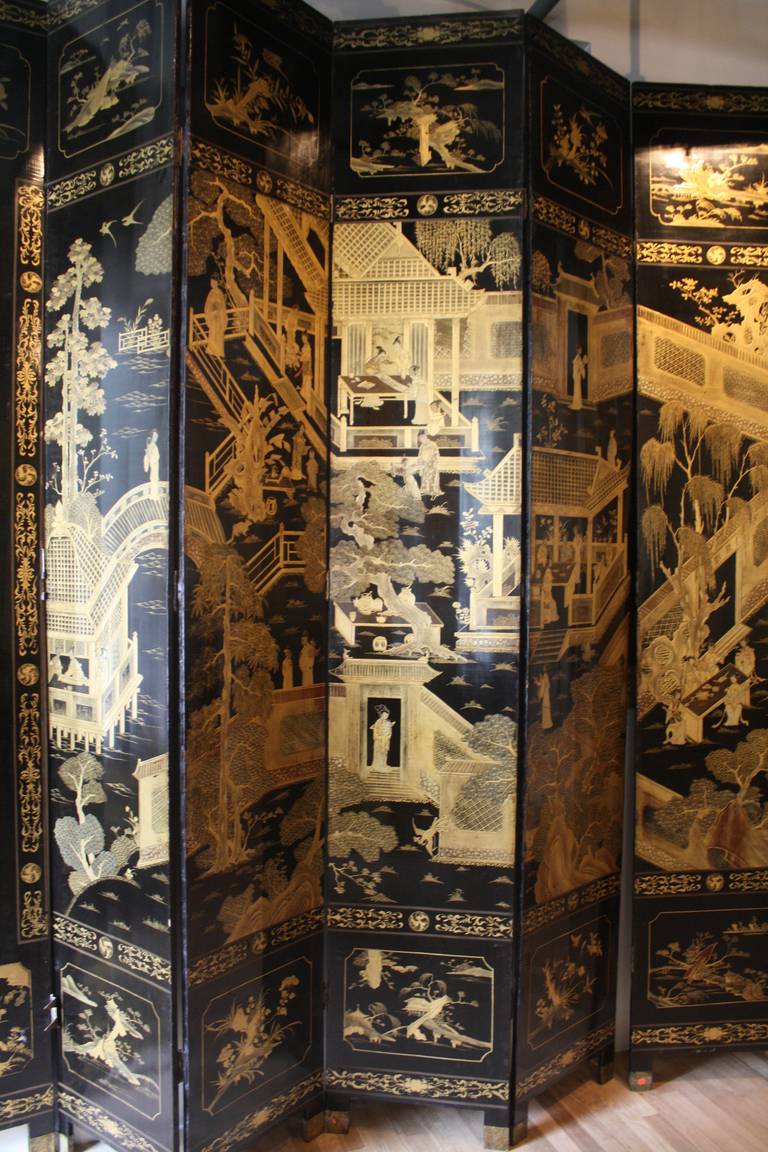 Gilt Decorated Black Lacquer Twelve Panel Screen at 1stDibs