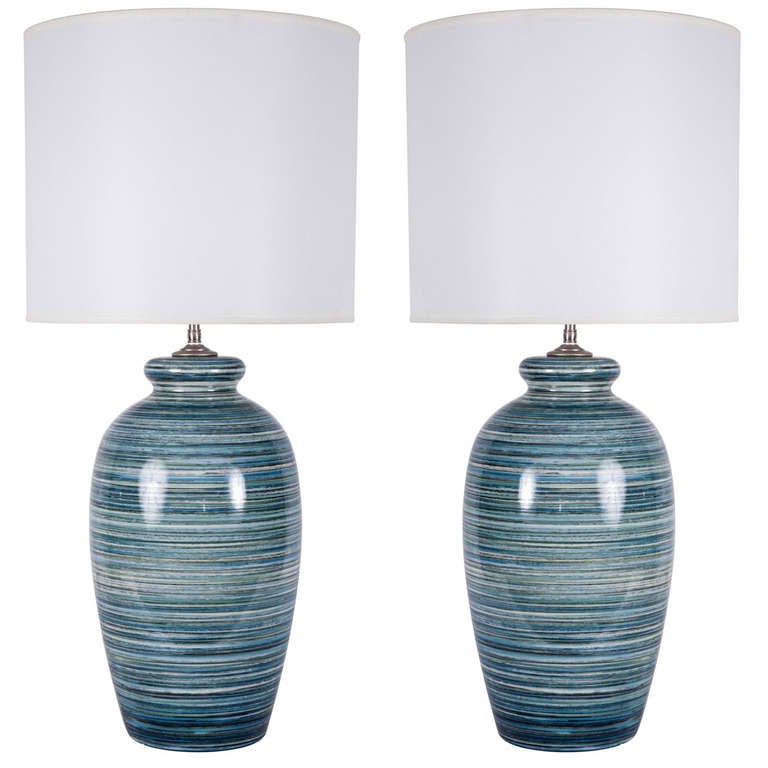 Pair of Variegated Blue Striped Glazed Ceramic Lamps at 1stDibs