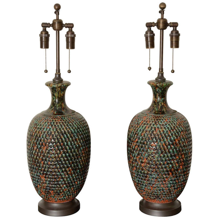 Pair of Italian Dimpled Glazed Ceramic Lamps at 1stDibs