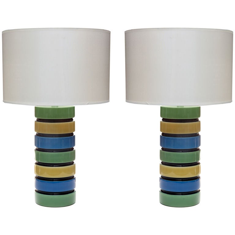1960's Tri Color Banded Ceramic Lamps at 1stDibs