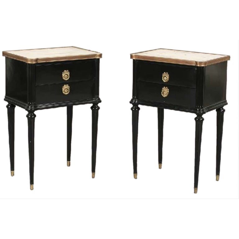 Pair of Black Lacquer Jansen Marble Top Night Stands at 1stDibs