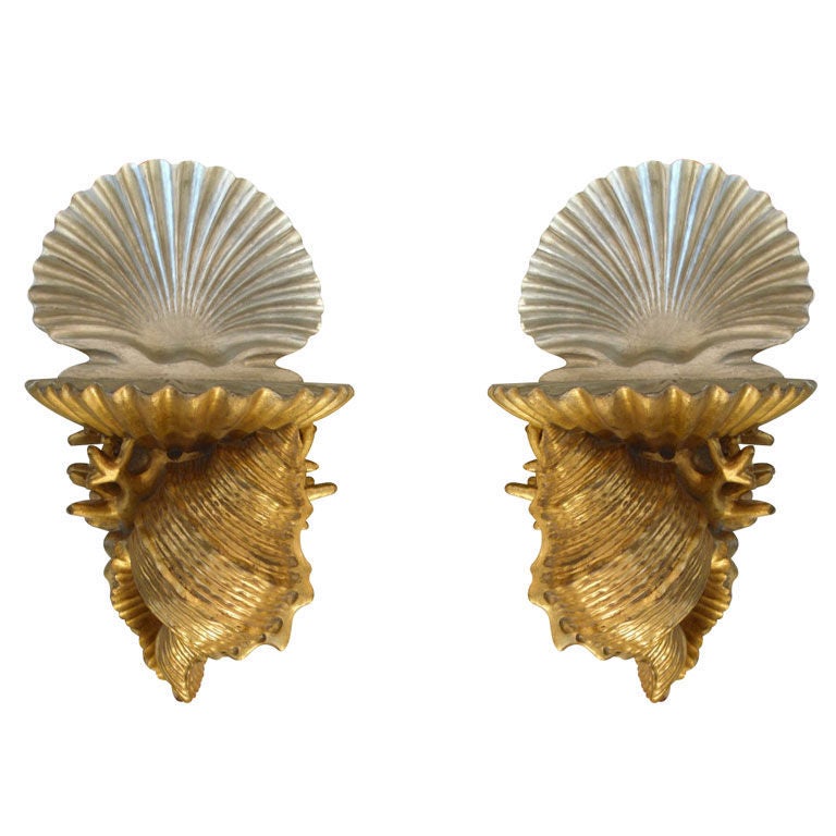 Pair of Carved Gilt Shell Motif Wall Bracket Shelves at 1stDibs