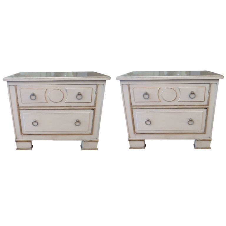 Pair of Draper Style Cream and Gilt Glass Top Nightstands at 1stDibs