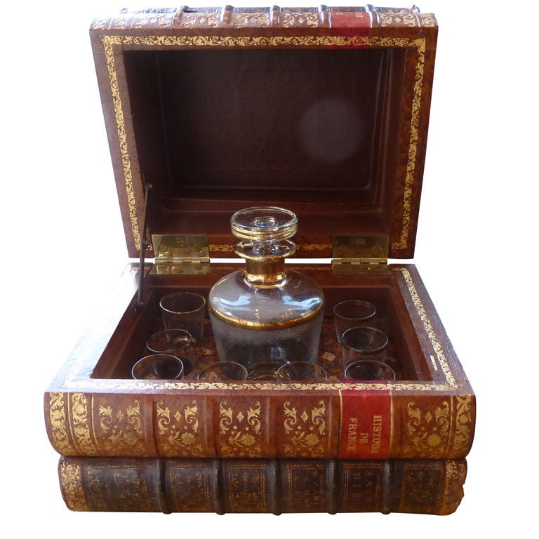 Antique Leather Book Gold Trimmed Liquor Box at 1stDibs