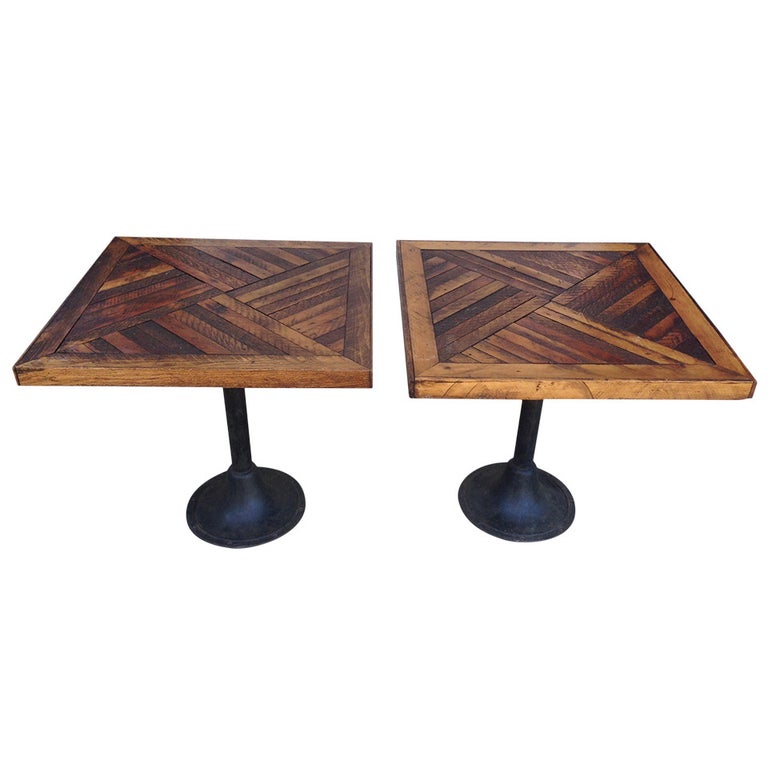 Pair of Antique Reclaimed Wood Parquet Design Tables For Sale at 1stDibs