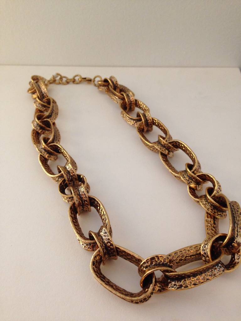 Chunky Chain Link Hammered Brass Necklace at 1stDibs