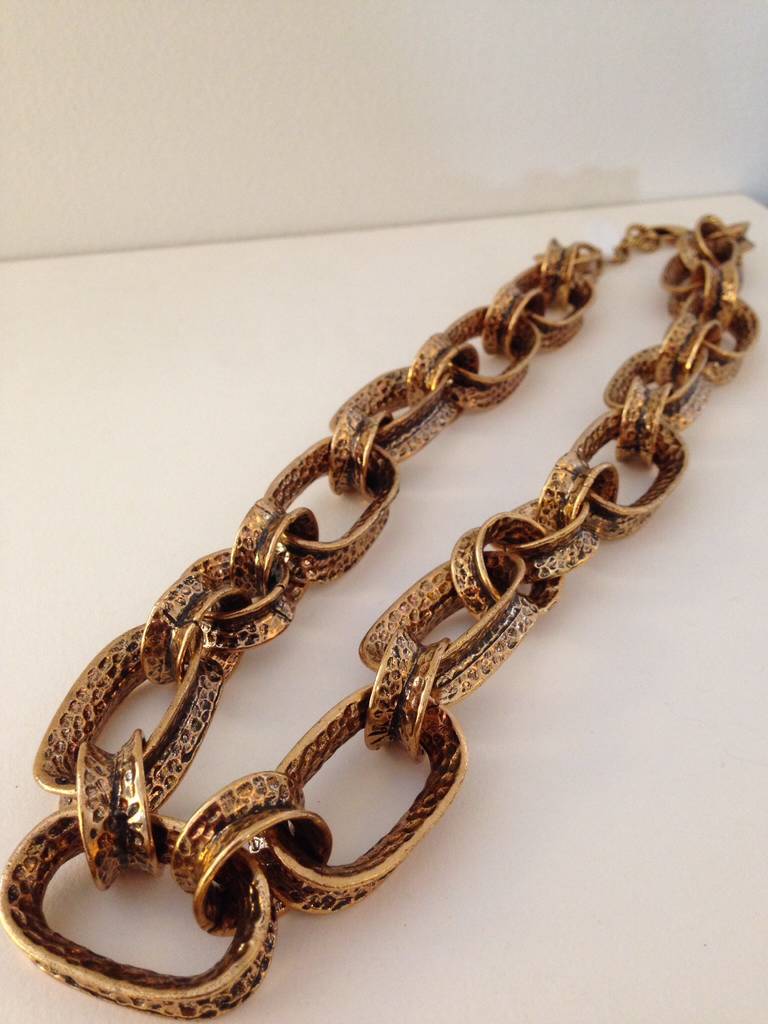 Chunky Chain Link Hammered Brass Necklace at 1stDibs