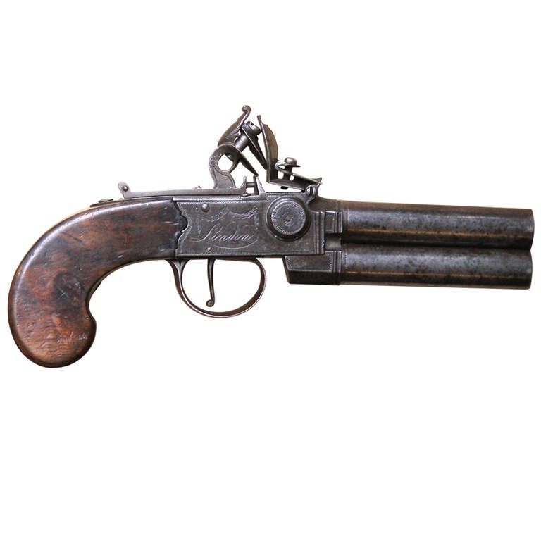 Engraved English Flint Lock Double Barrel 45 Guage Pocket Pistol at 1stDibs