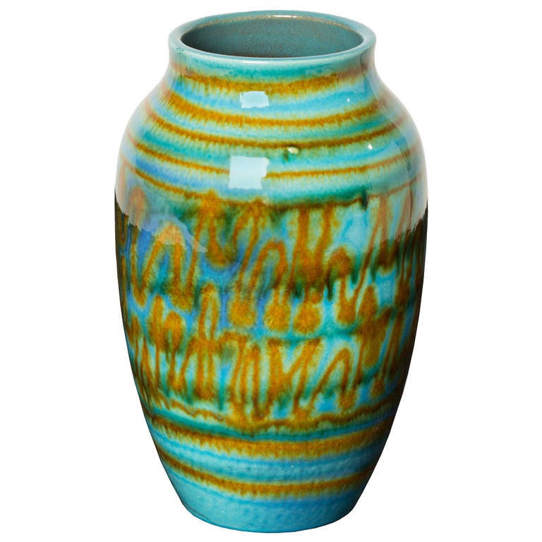 Blue Squiggle Patterned Pottery Vase by Raymor For Sale at 1stDibs